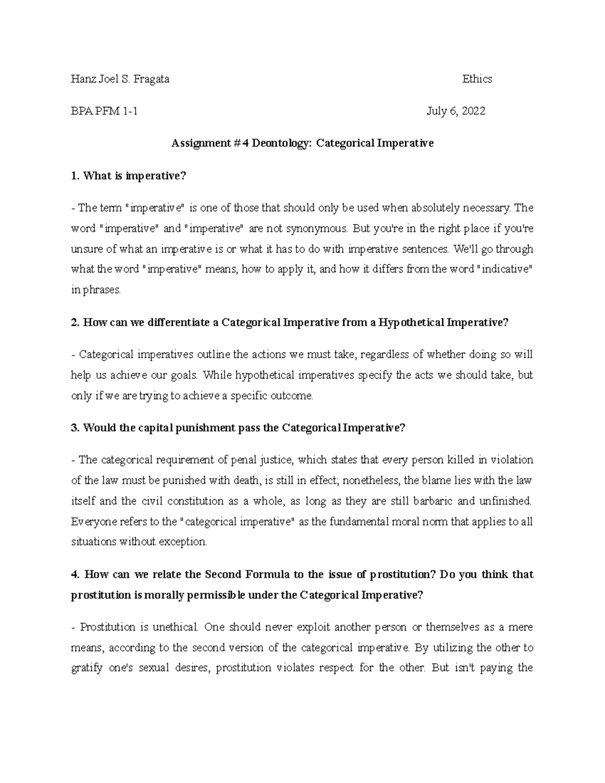 Fragata BPA-PFM-1-1 Assignment-4 - Hanz Joel S. Fragata Ethics BPA PFM ...
