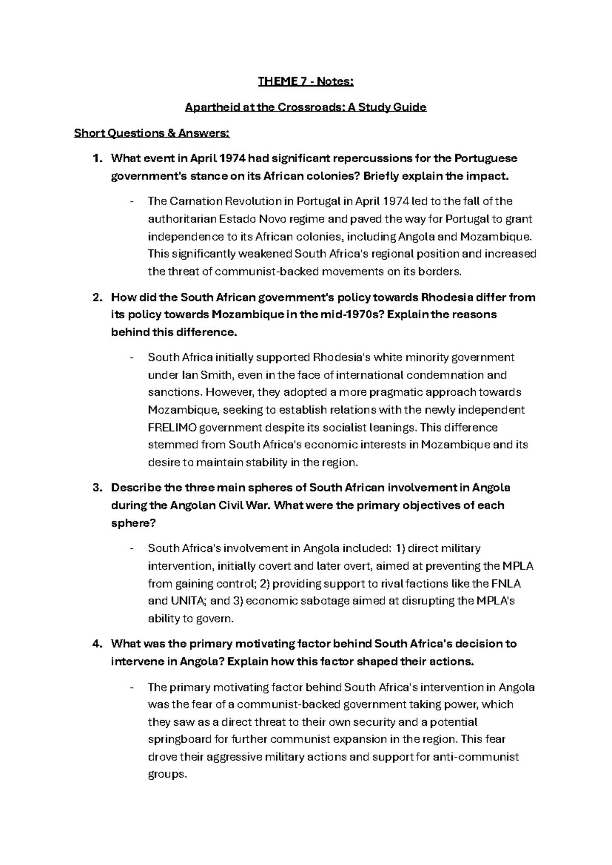 Theme 7 - Notes - THEME 7 - Notes: Apartheid at the Crossroads: A Study ...