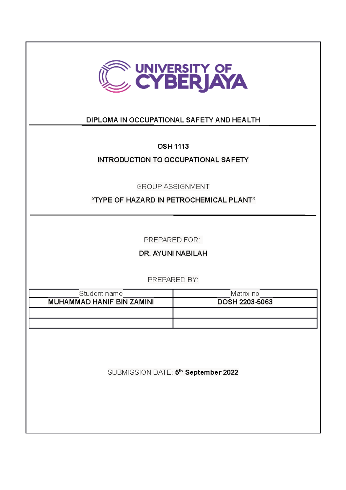 Assignment Introduction TO Occupational Safety - DIPLOMA IN ...