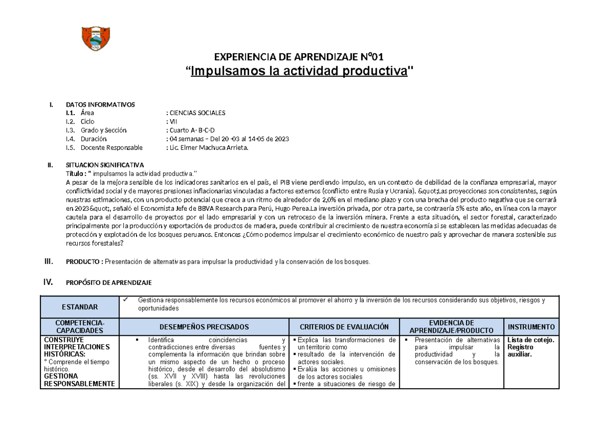EDA 1 DE 4 SEC - EXPERIENCIA DE APRENDIZAJE N° “Impulsamos la actividad productiva" I. DATOS ...