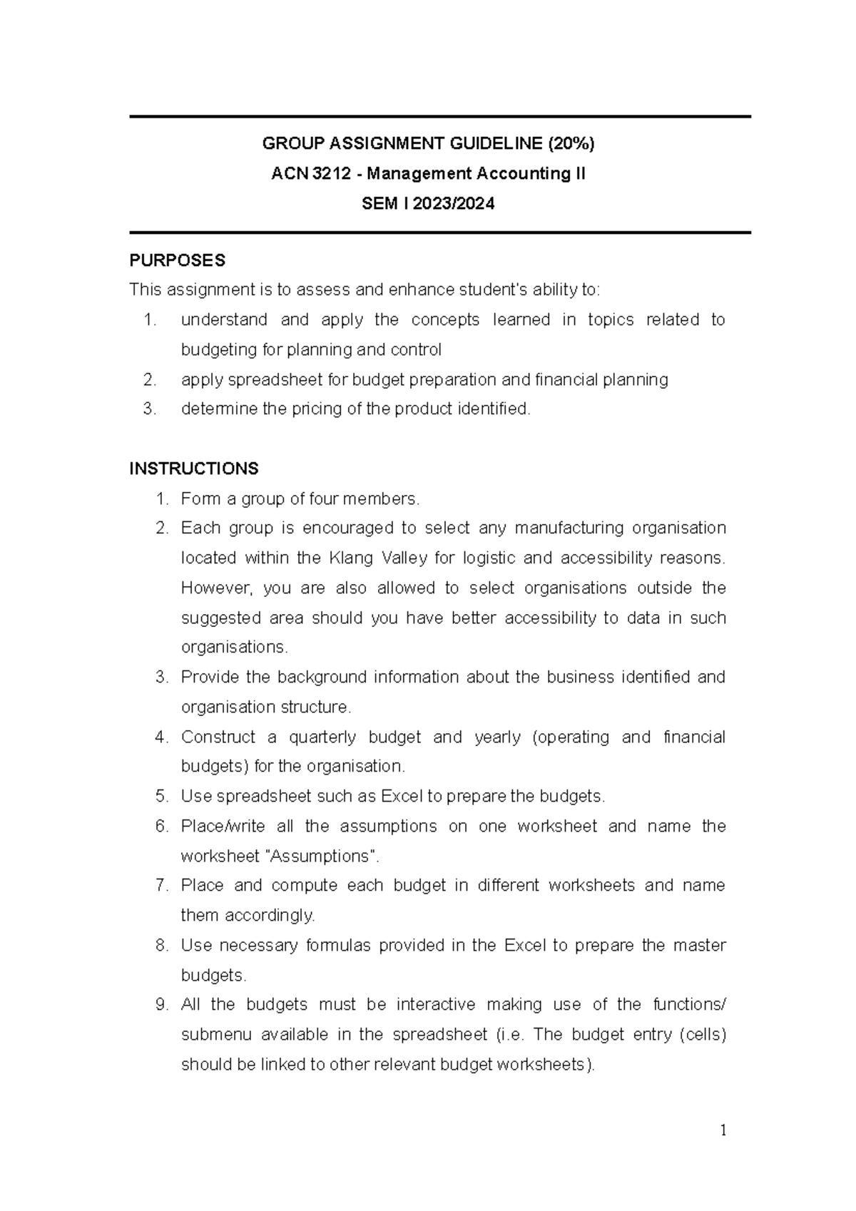 Group Assignment (Budget Pricing) - GROUP ASSIGNMENT GUIDELINE (20%) ACN 3212 - Management - Studocu