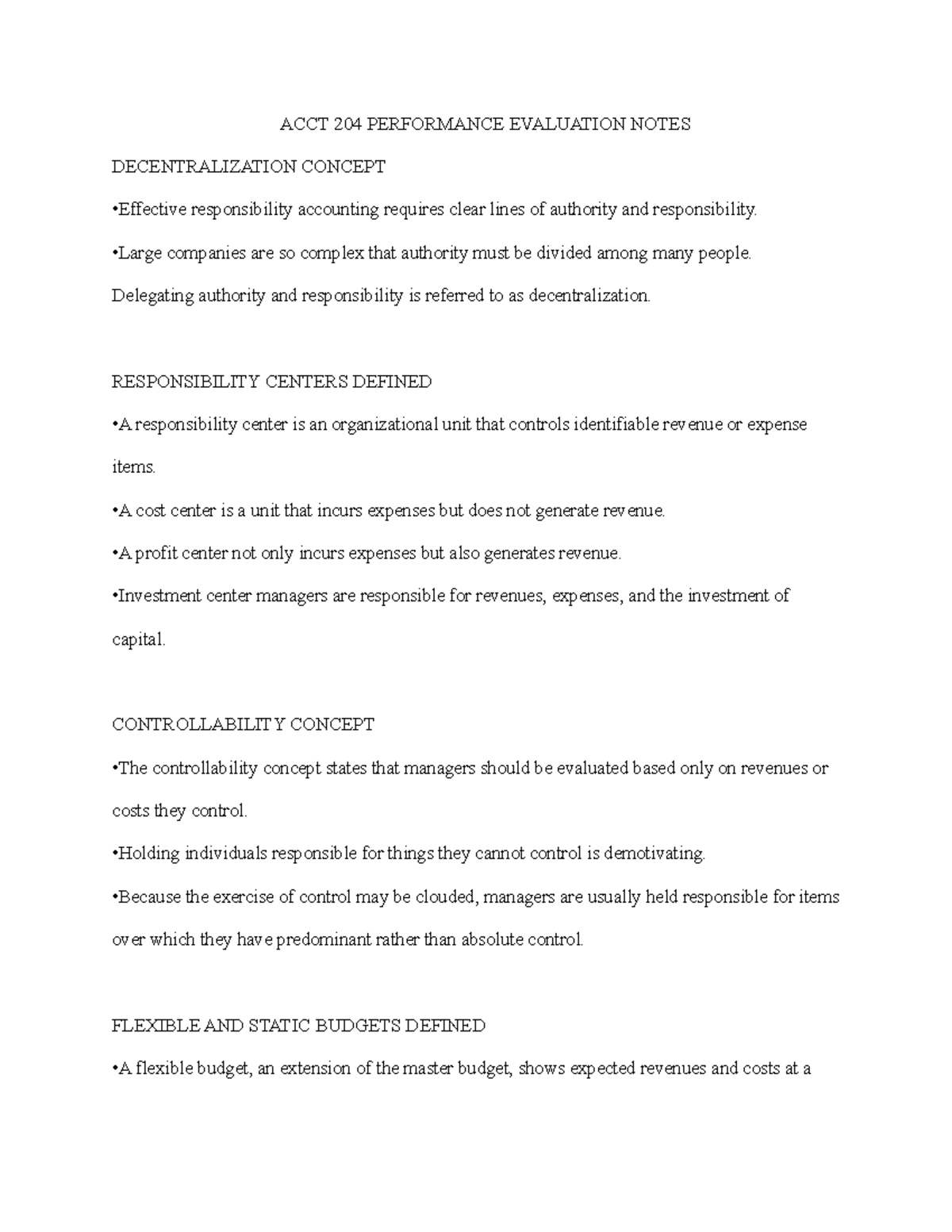 ACCT 204 Performance Evaluation Notes - ACCT 204 PERFORMANCE EVALUATION ...