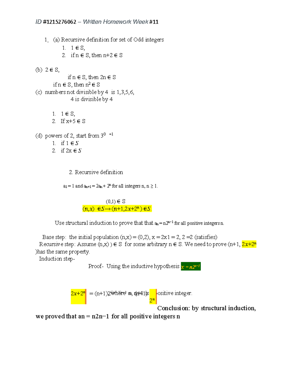 MAT243- S21-Written Assign 11 - 1 ÿ(a) Recursive definition for set of ...