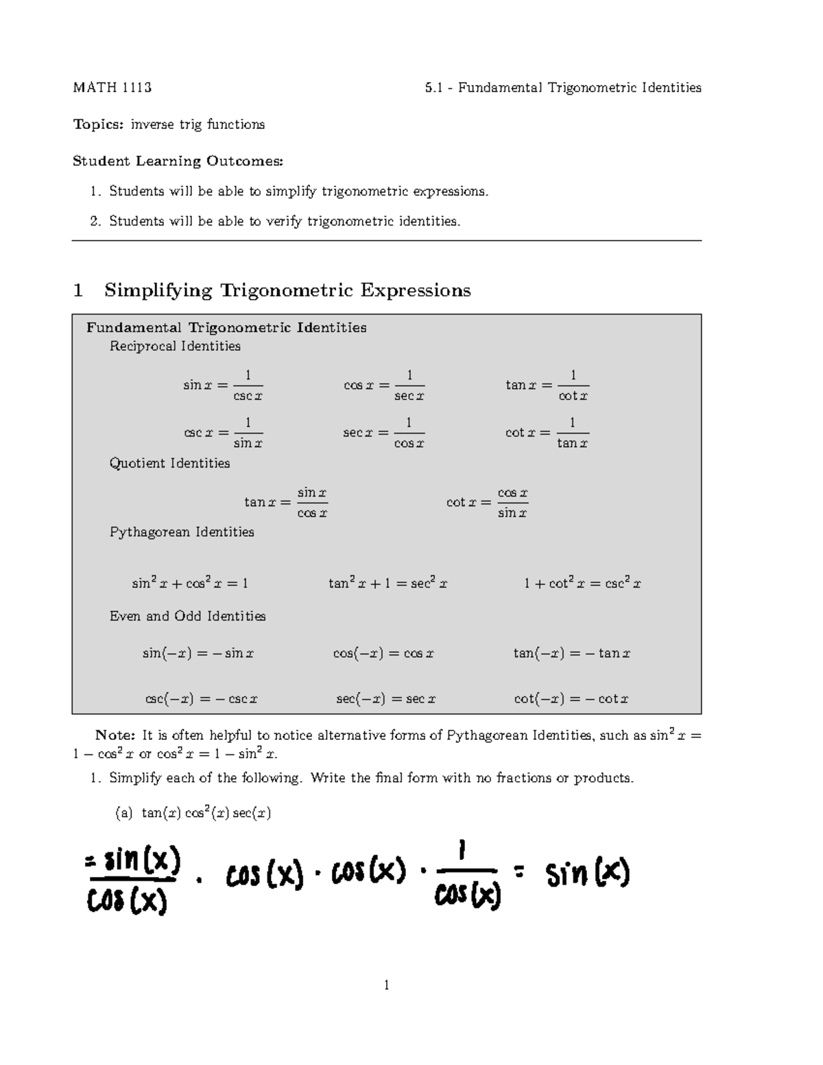 5.1 preclass assignment - MATH 1113 5 - Fundamental Trigonometric ...