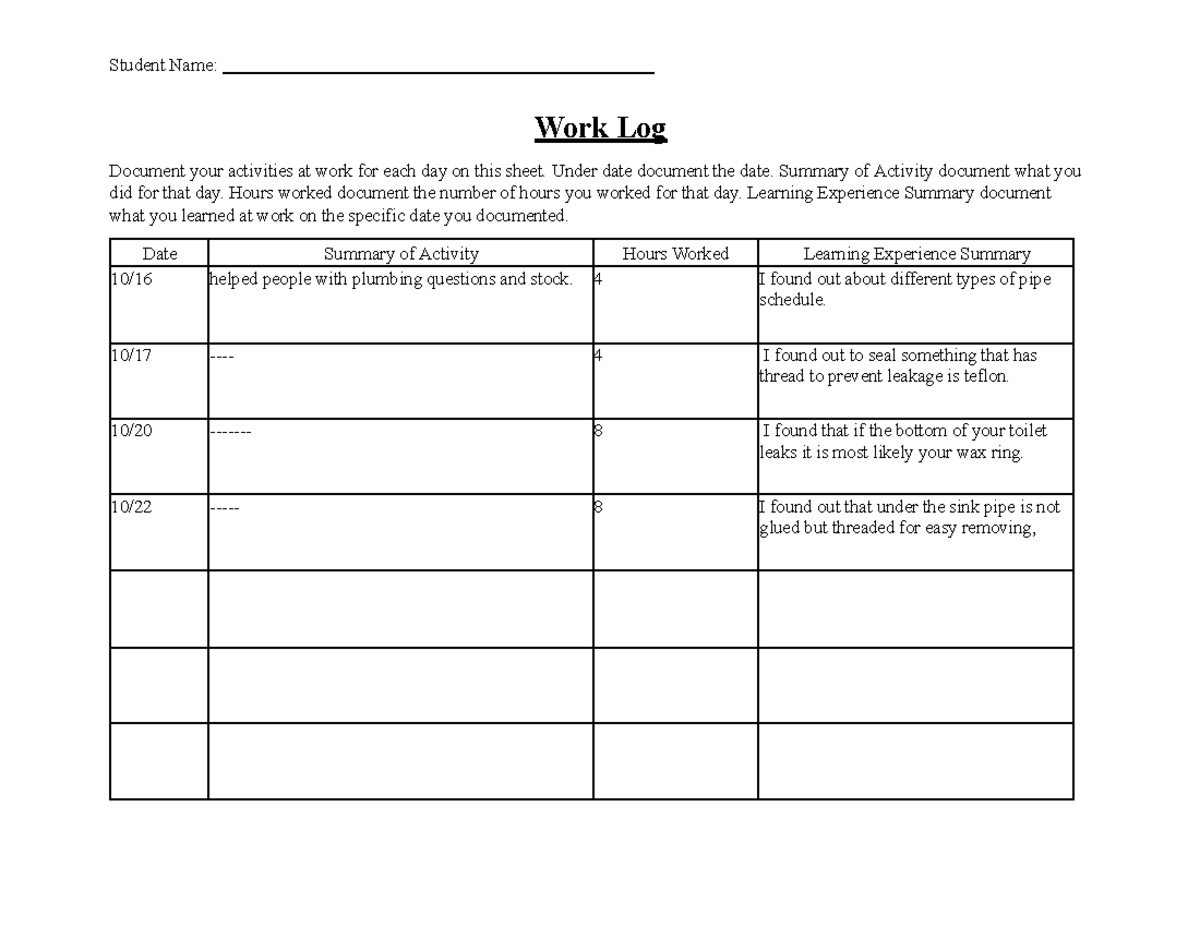 Work Log - Student Name: Work Log Document your activities at work for ...