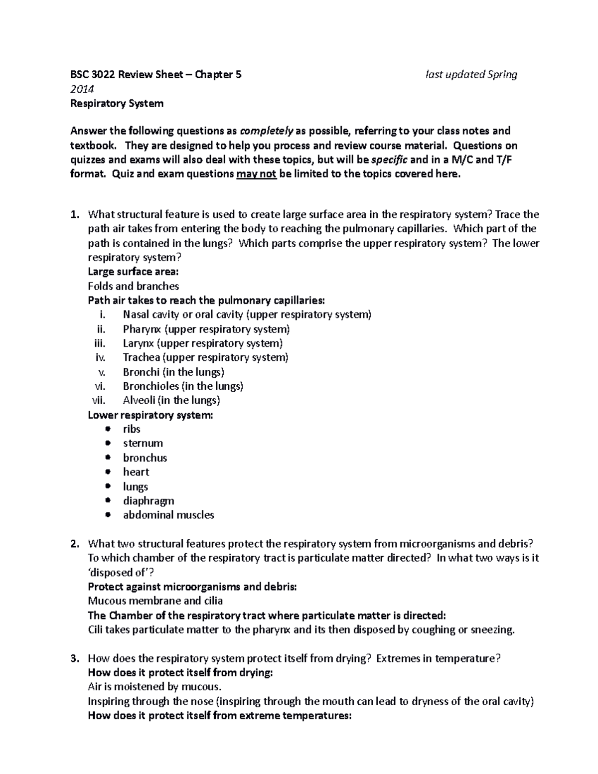 Review - Chapter 5 Spring 2014 - BSC 3 022 Review Sheet – Chapter 5 ...
