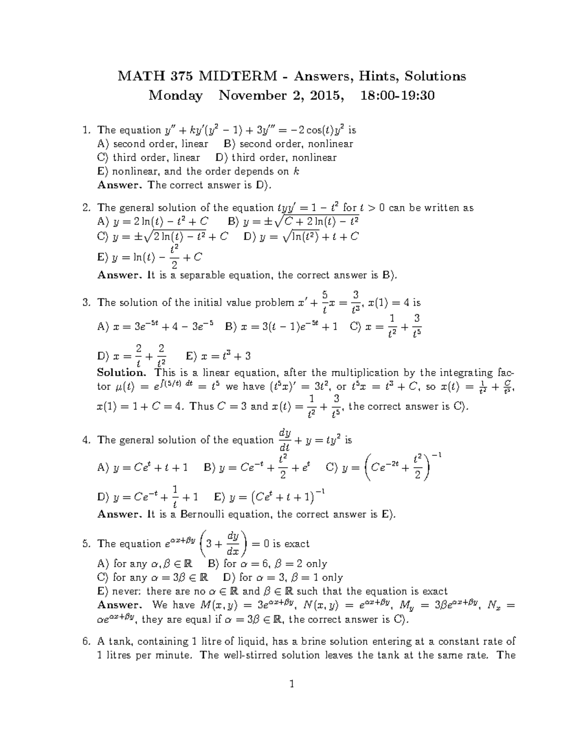 Midterm 375 2015 solutions - MATH 375 MIDTERM - Answers, Hints, Solutions Monday November 2 ...