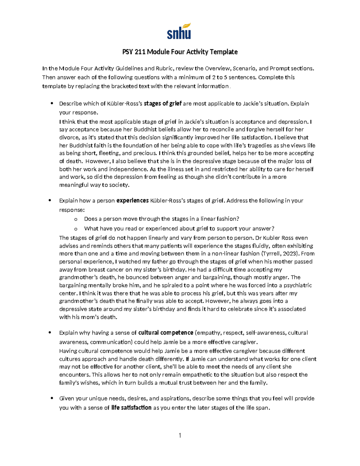 PSY 211 Module Four Activity Template - Then answer each of the ...
