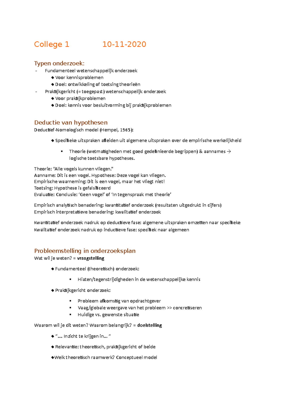 MT colleges uitwerkingen - College 1 10-11- Typen onderzoek ...