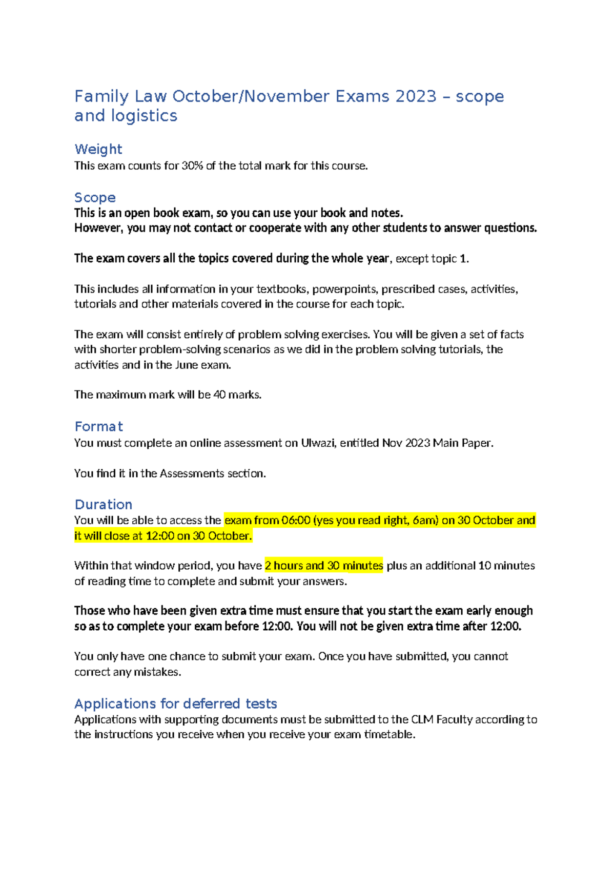 Scope Family Law November 2023 final - Family Law October/November Exams 2023 – scope and ...