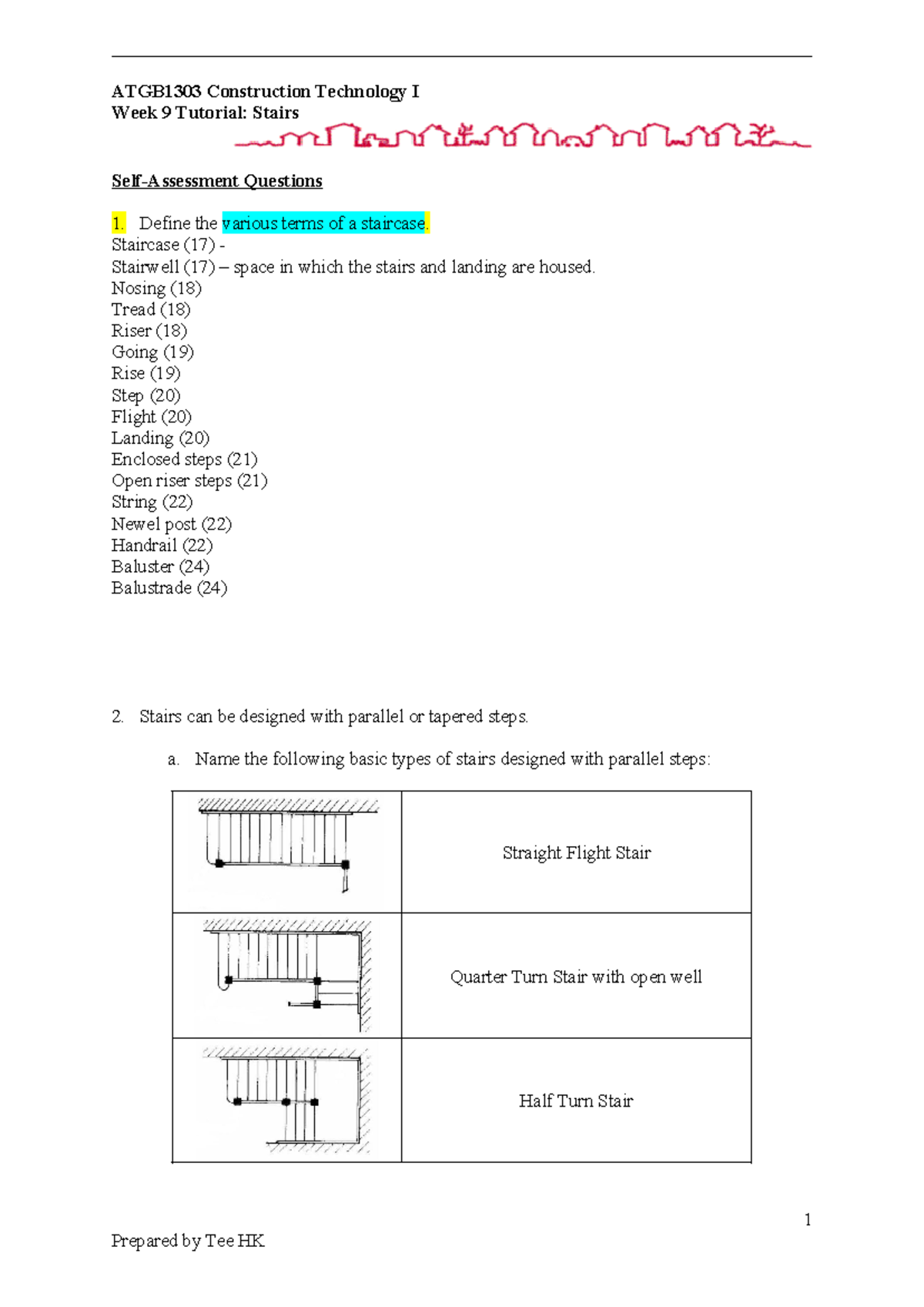 W9 - Stairs - ATGB1303 Construction Technology I Week 9 Tutorial: Stairs Self-Assessment ...