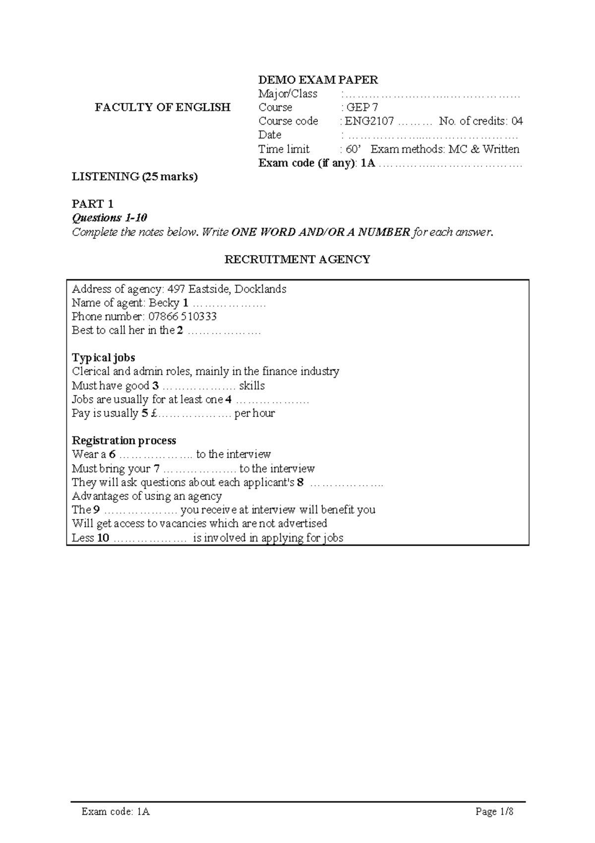 Exam paper - Test 20% - Exam code: 1A Page 1/ LISTENING (25 marks) PART ...