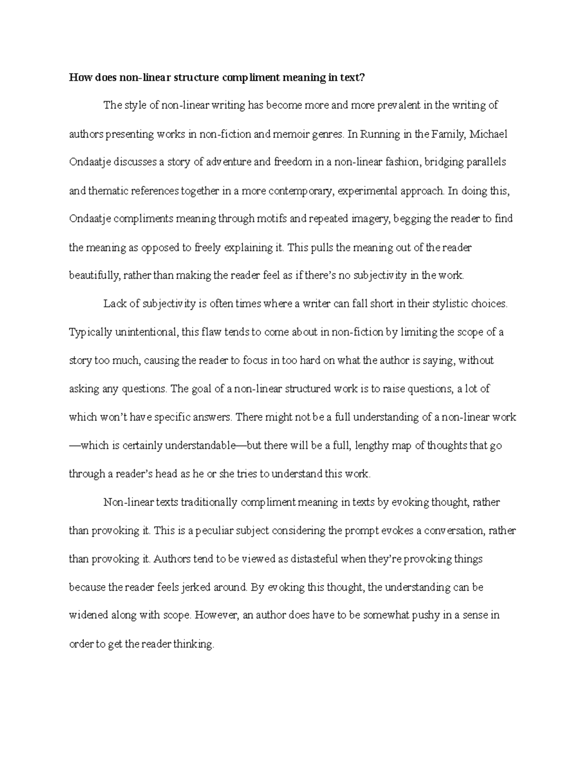 RITF Essay Grade 85 How Does Non linear Structure Compliment