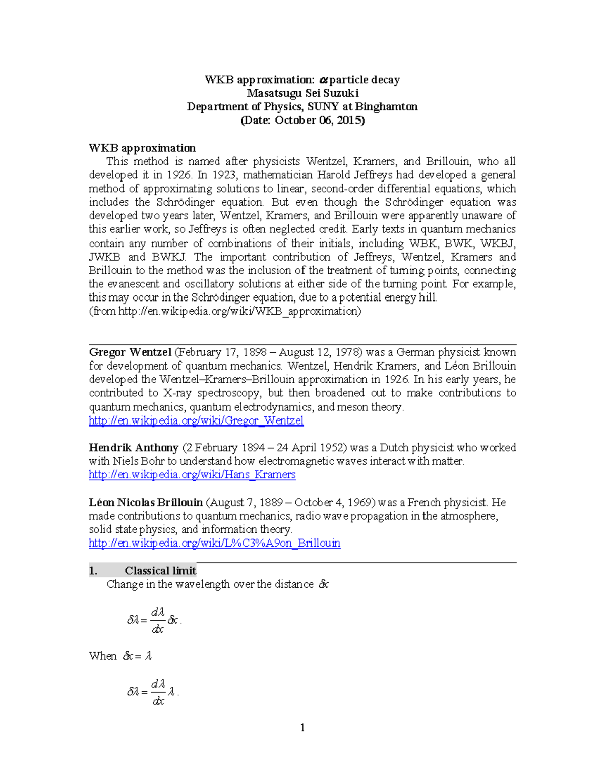 WKB approximation I - Hand note - WKB approximation: particle decay ...