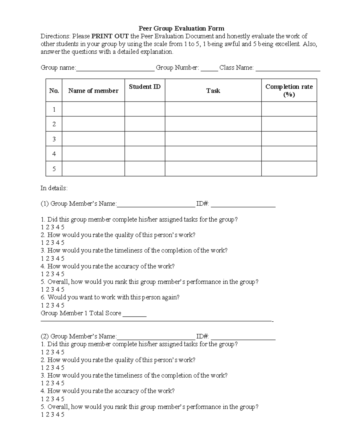 Peer Group Evaluation - Also, answer the questions with a detailed ...