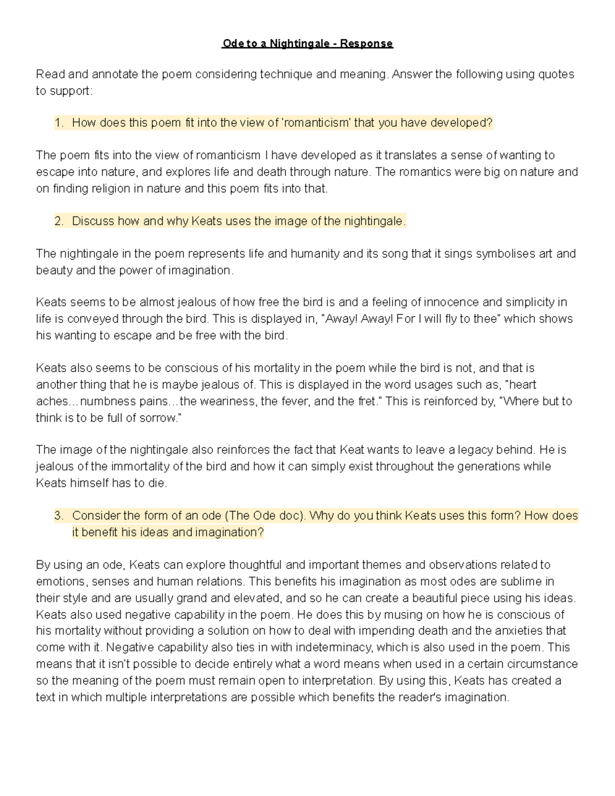 Ode to a Nightingale -q and a - English Advanced HSC John Keats - Ode ...