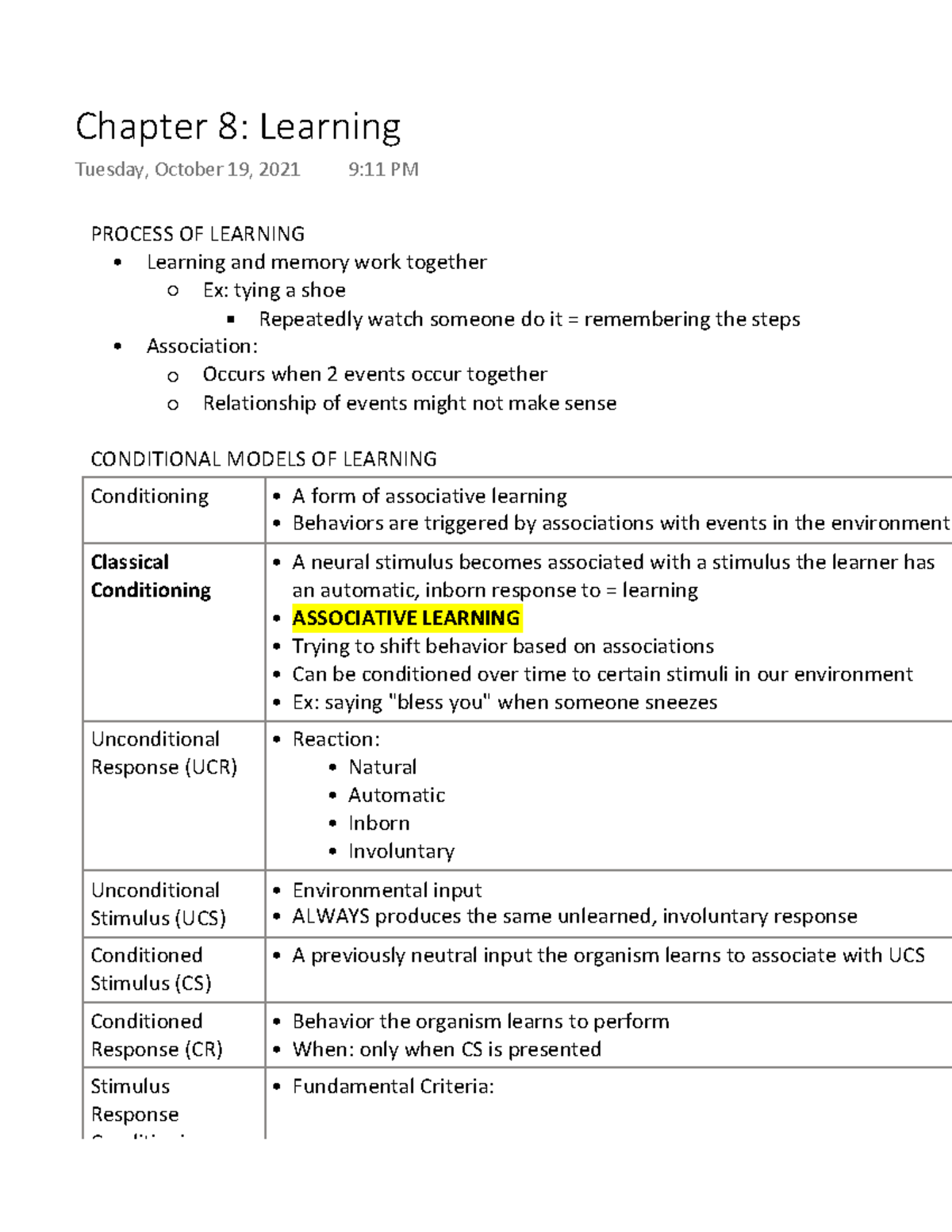 Chapter 8 Learning - Dr. Celine Atkins - PROCESS OF LEARNING Learning and memory work together ...