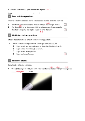 Phy-colour and light exercise - Chemistry - S Physics – Light and ...