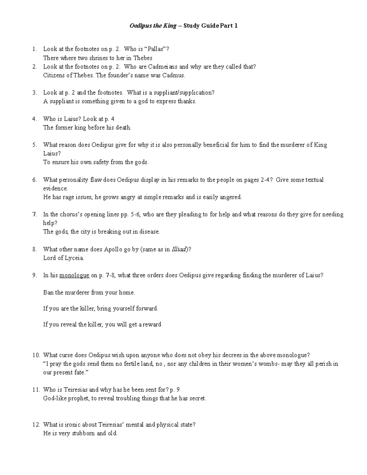 Oedipus Study Guide Part1 - Oedipus the King – Study Guide Part 1 Look ...