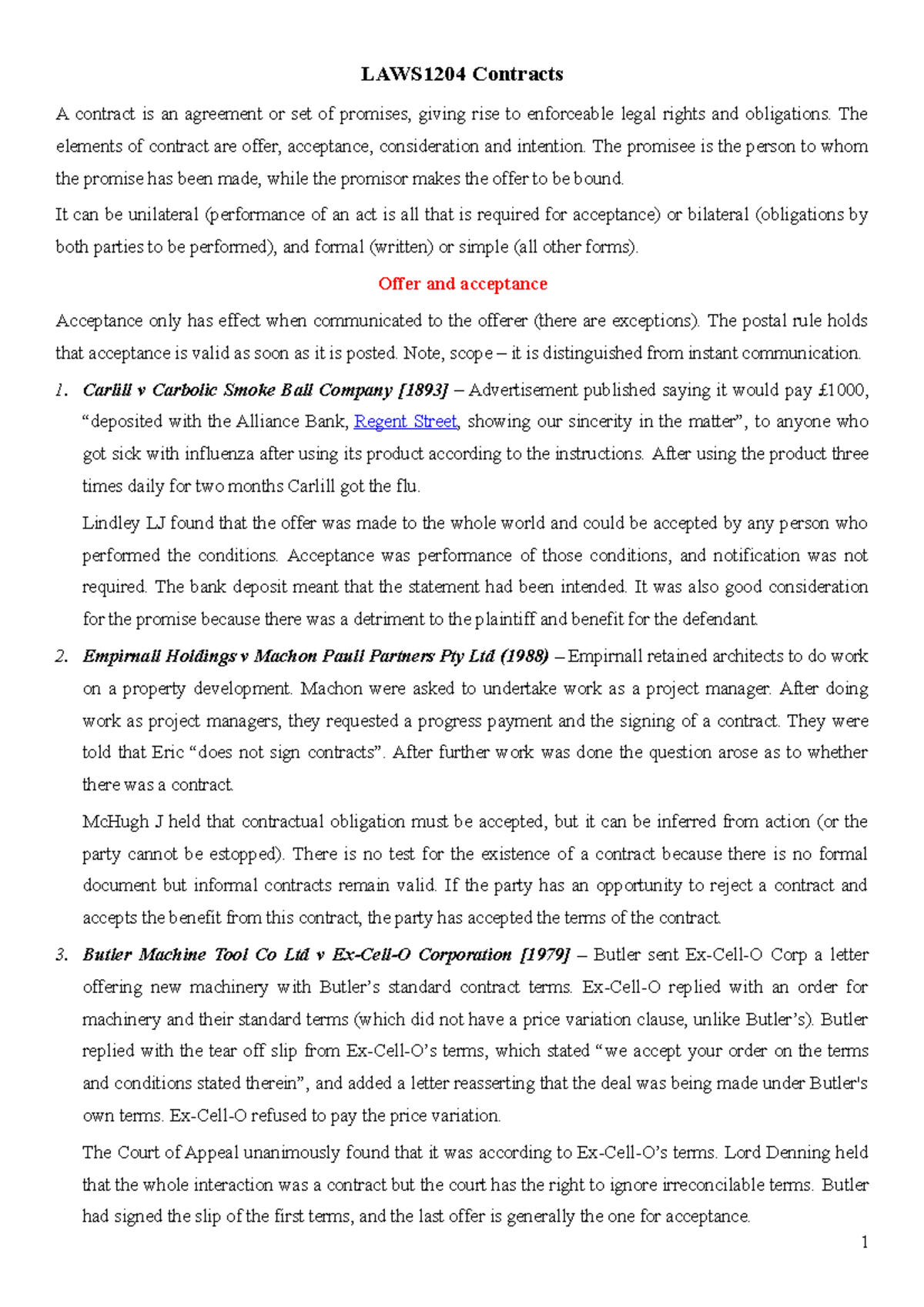 Total-Contracts-Notes - LAWS1204 Contracts A contract is an agreement ...