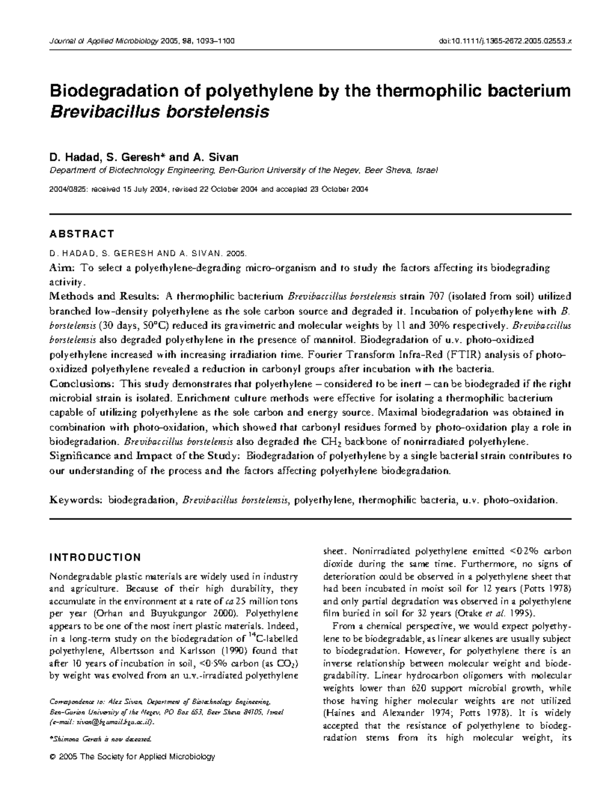 A PEdegrade Brevibac - Biology - Biodegradation of polyethylene by the ...