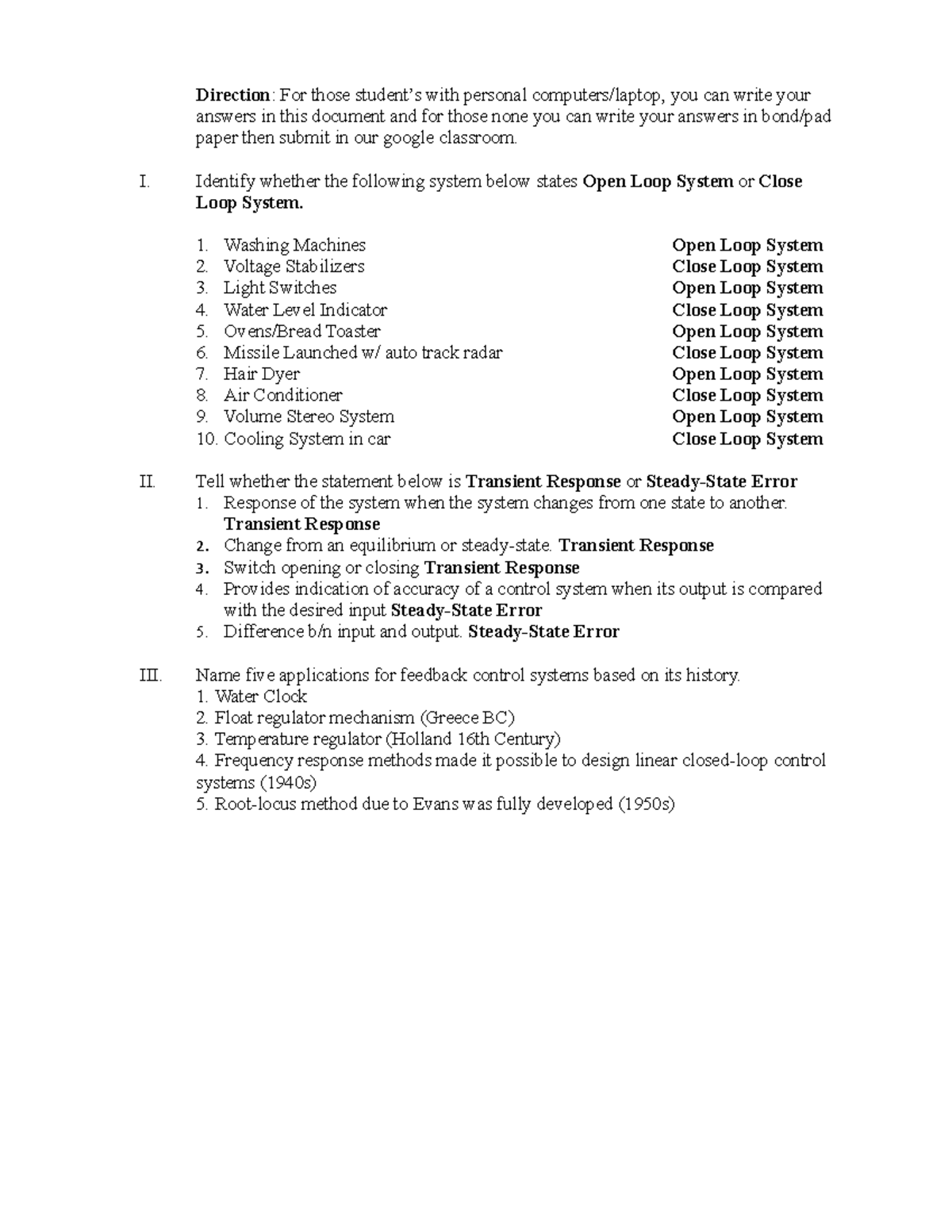 Prelim Quiz Feedback And Control System Direction For Those