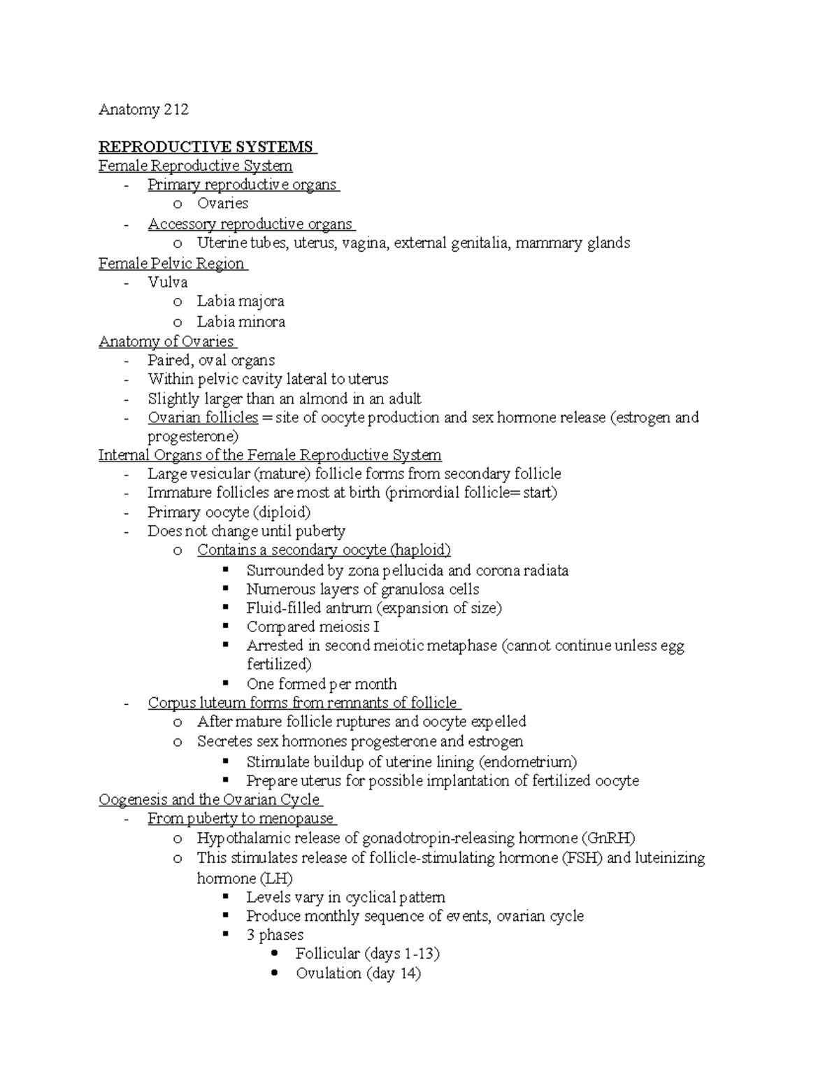 Anatomy 212 - notes - Anatomy 212 REPRODUCTIVE SYSTEMS Female ...