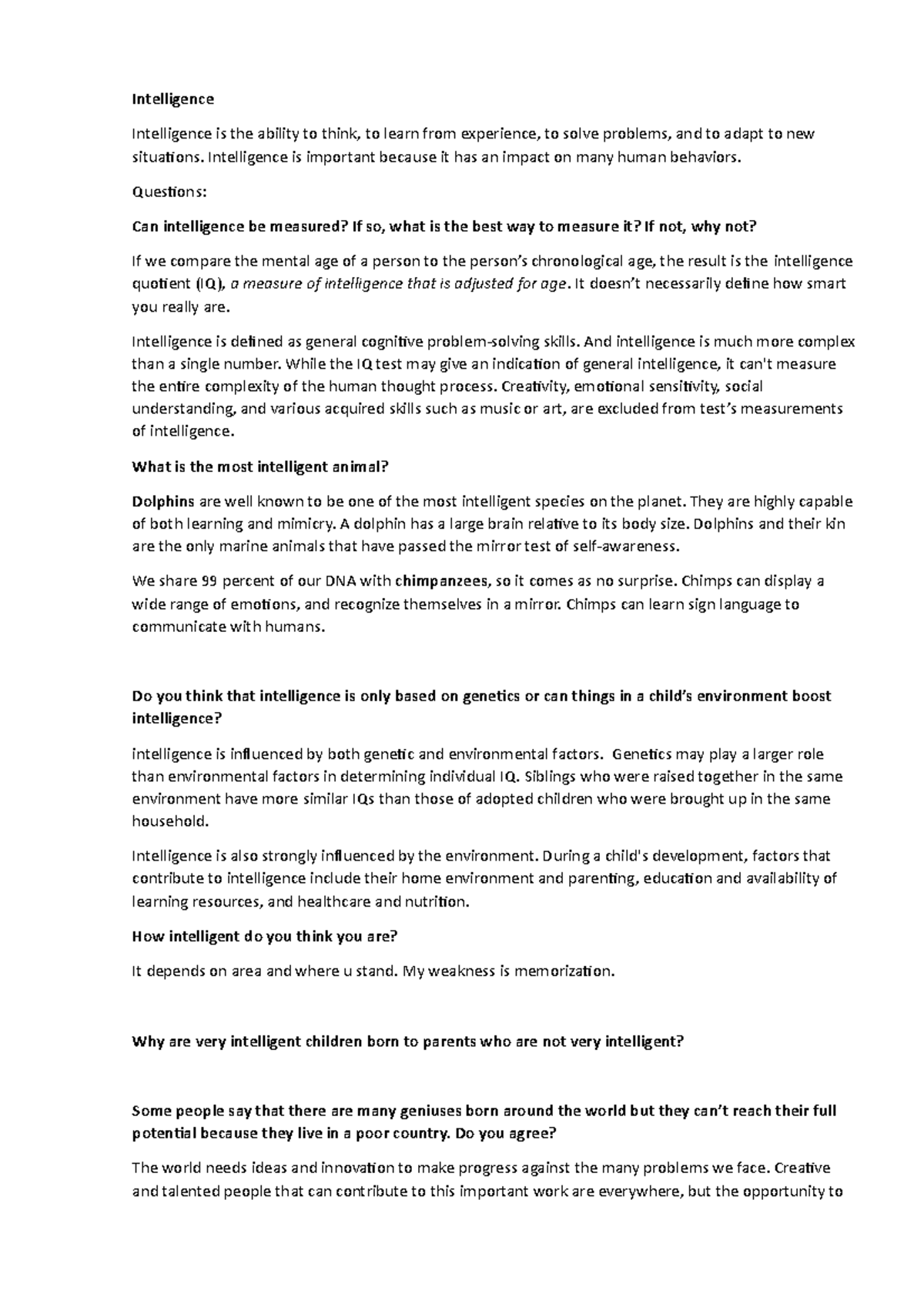 Intelligence - Practice notes - Intelligence Intelligence is the ...