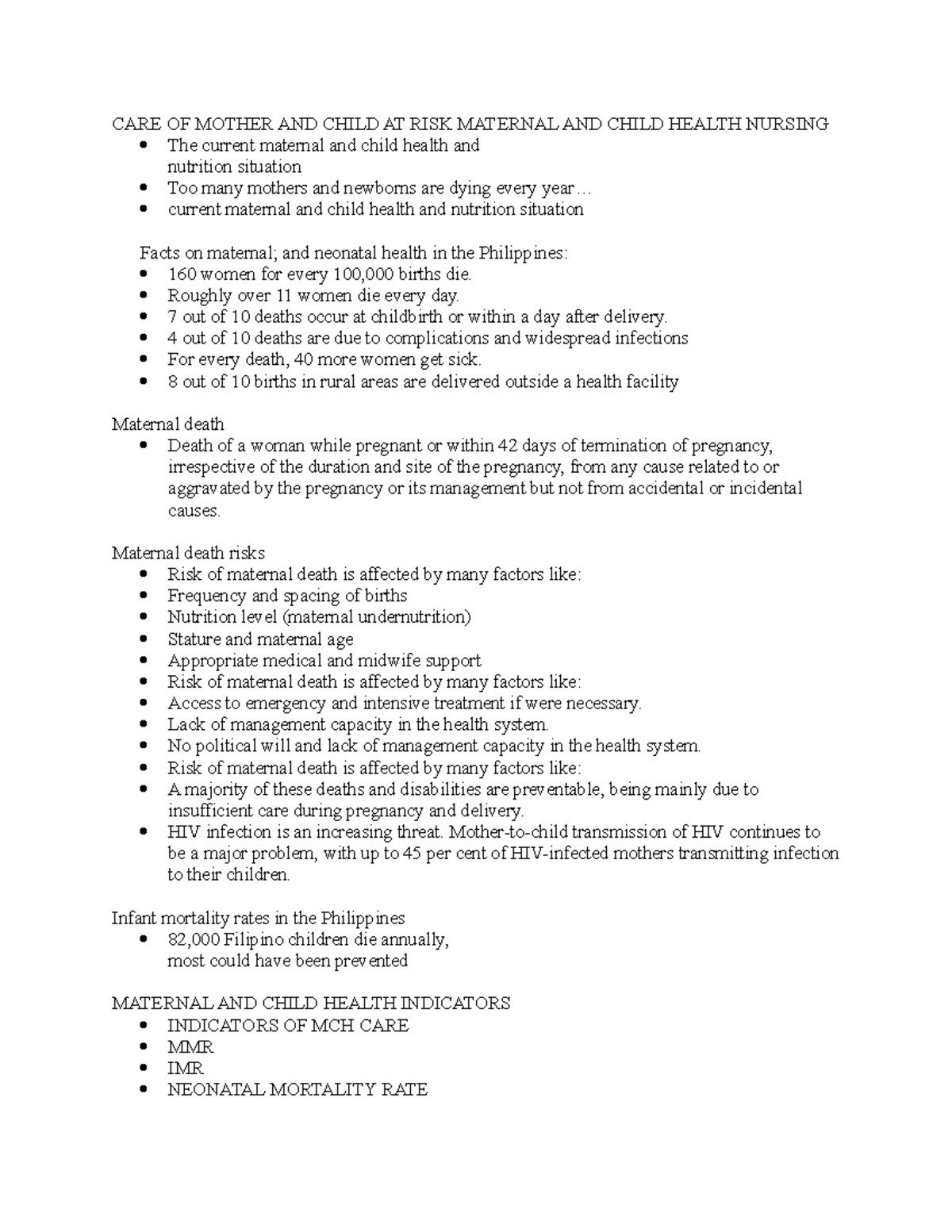 MOTHER AND CHILD NURSING lesson 1 - CARE OF MOTHER AND CHILD AT RISK ...