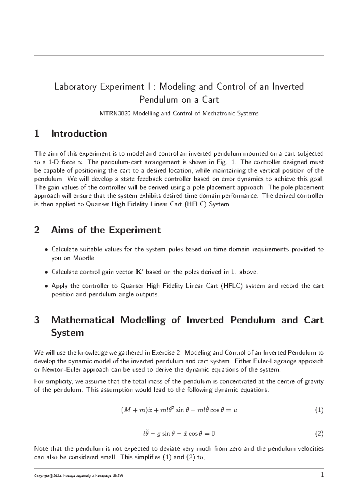Inverted Pendulum - Laboratory Experiment I : Modeling and Control of ...