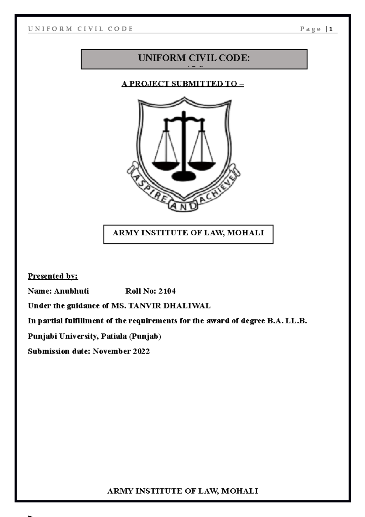 Uniform Civil Code - law - A PROJECT SUBMITTED TO – Presented by: Name ...