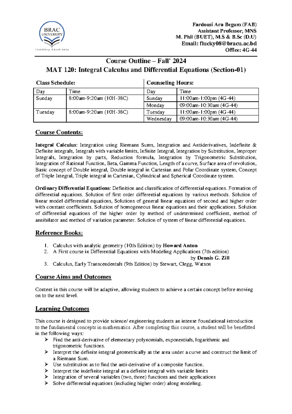 MAT 120(Section-01)Course Outline - Fardousi Ara Begum (FAB) Assistant ...