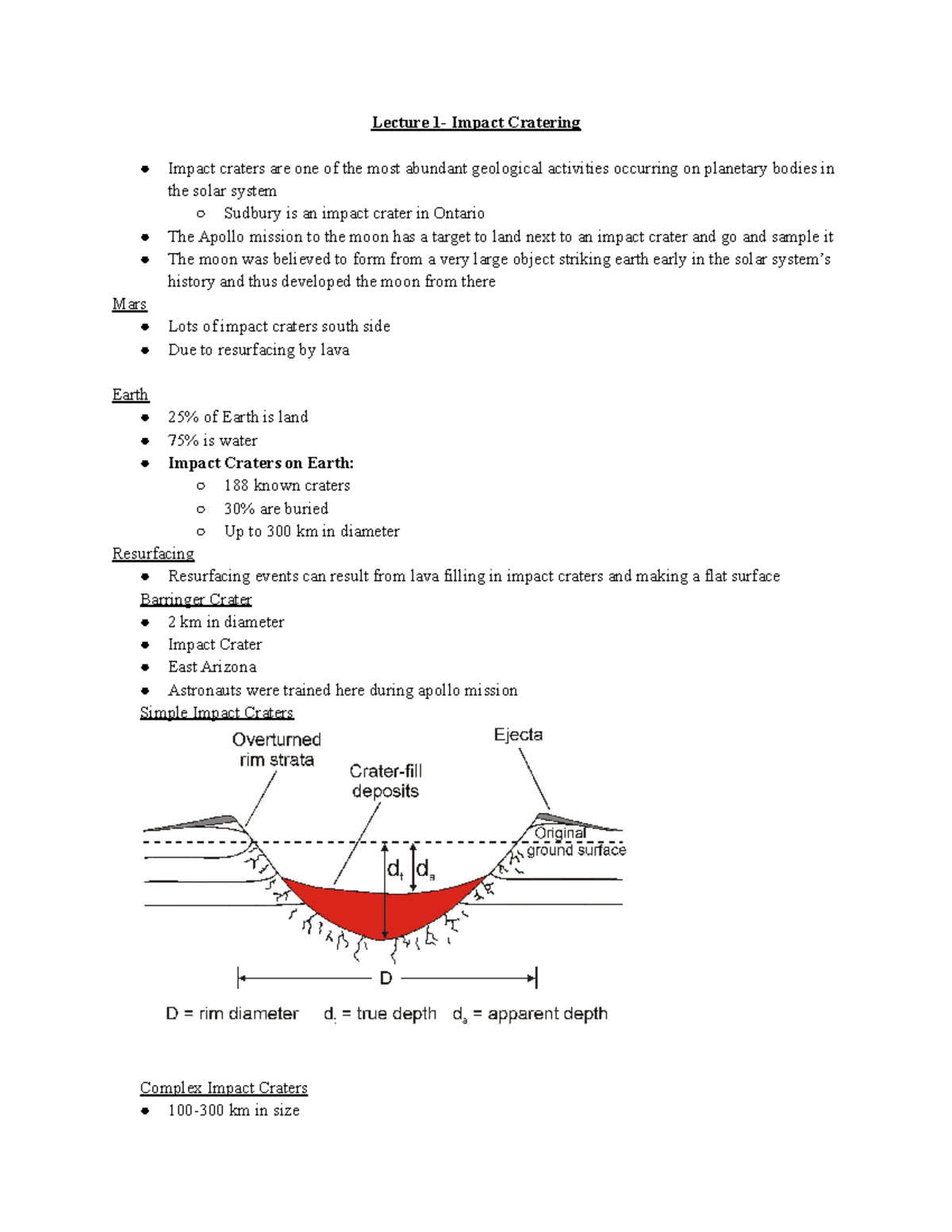 Earthsci 2232 Notes - Lecture 1- Impact Cratering Impact craters are ...