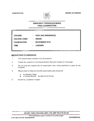 INS200 JUNE YEAR 2018 - Risk and Insurance - Studocu