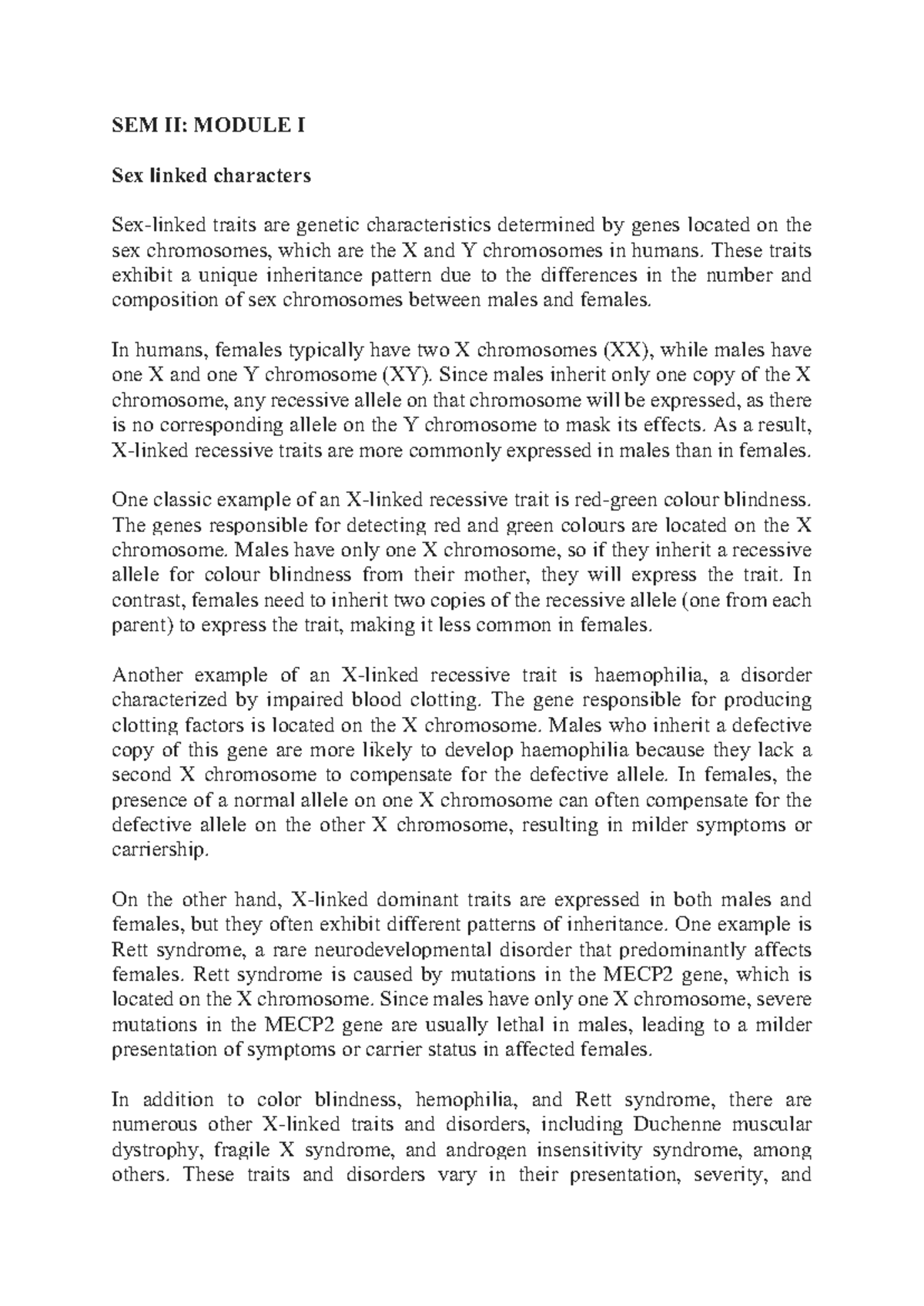 Sex Linked Characters Sex Limited And Sex Influenced Characters Sem