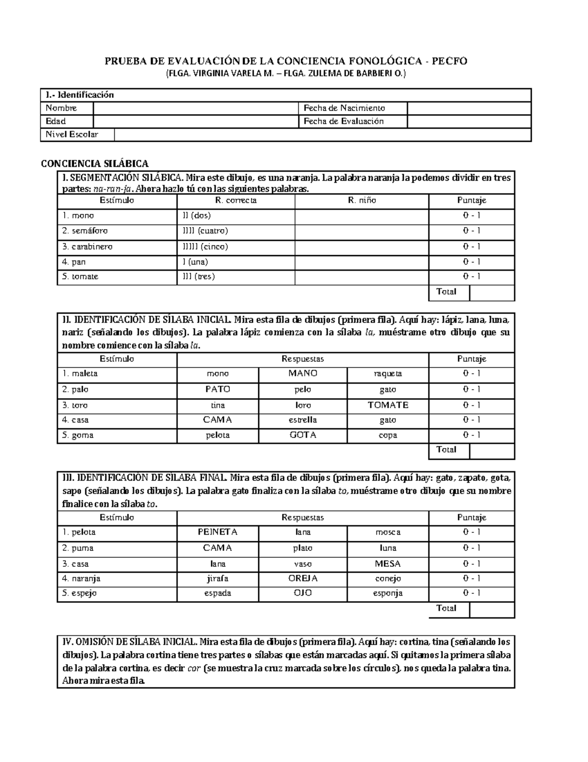 Pecfo - pauta de evaluación - PRUEBA DE EVALUACIÓN DE LA CONCIENCIA FONOLÓGICA - PECFO (FLGA ...