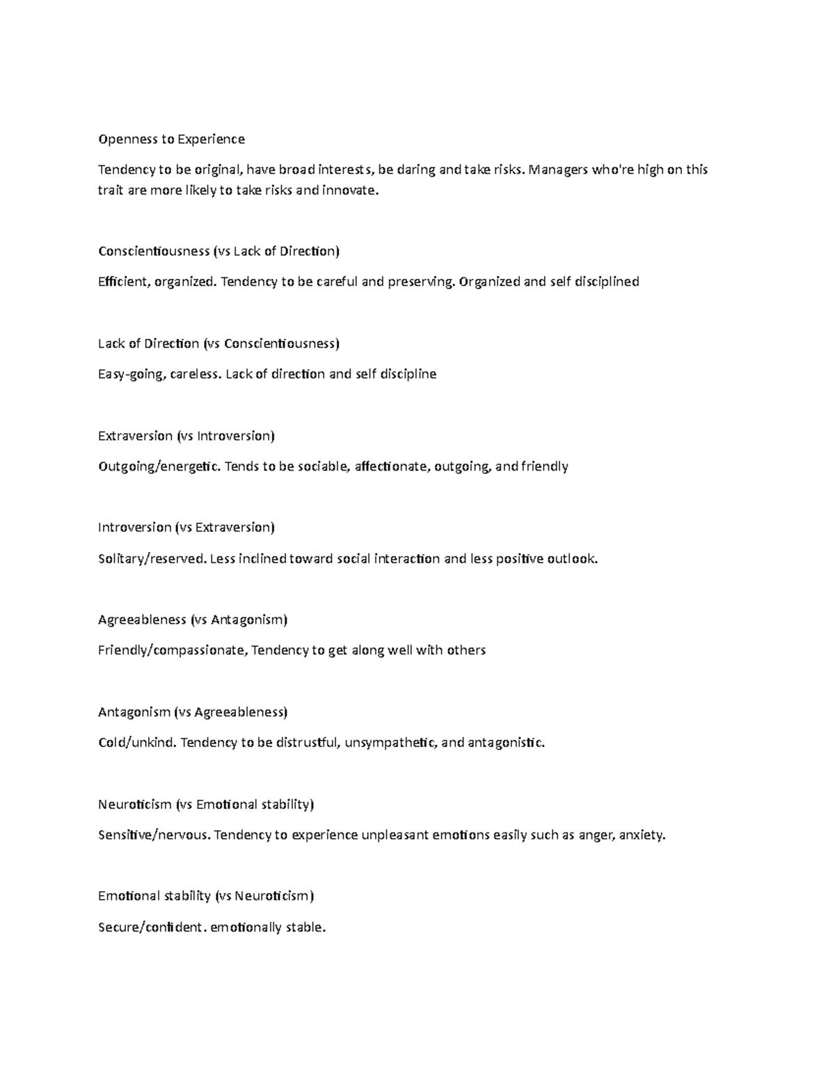 Openness to Experience study notes - Openness to Experience Tendency to ...
