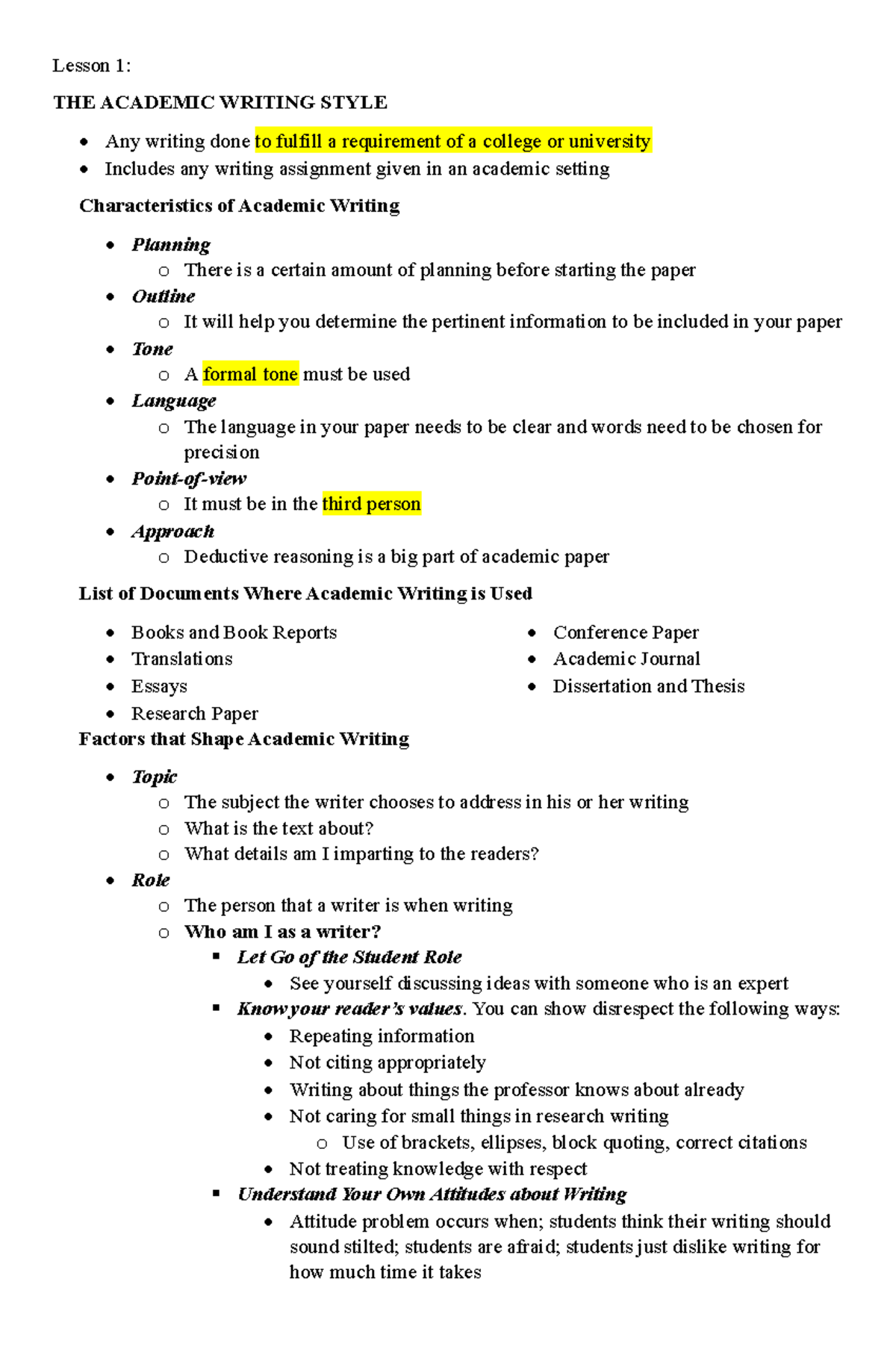 EAPP - Lesson 1: THE ACADEMIC WRITING STYLE - Any writing done to ...