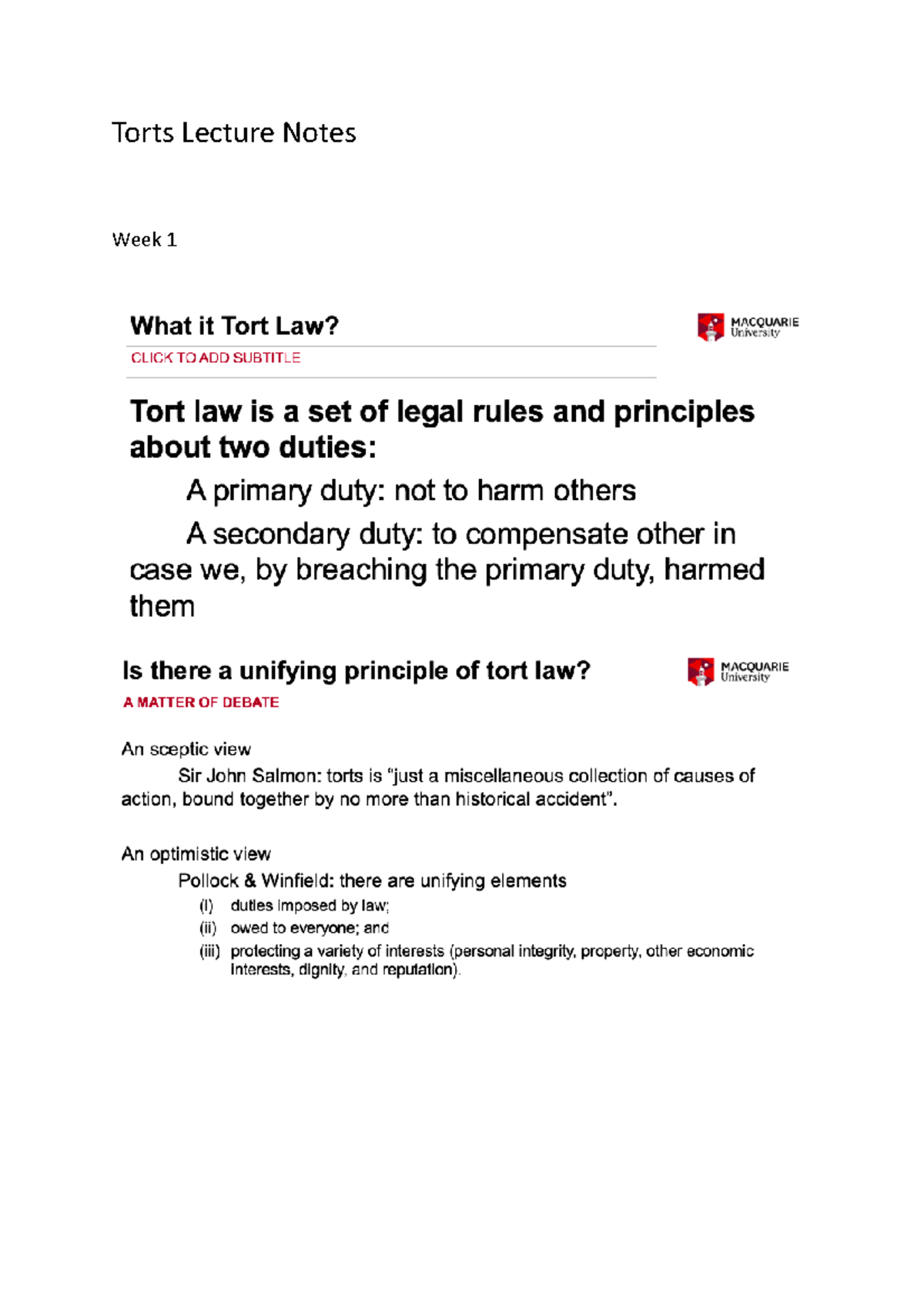 Week 1 Torts Introduction - LAW203 - MQ - Studocu