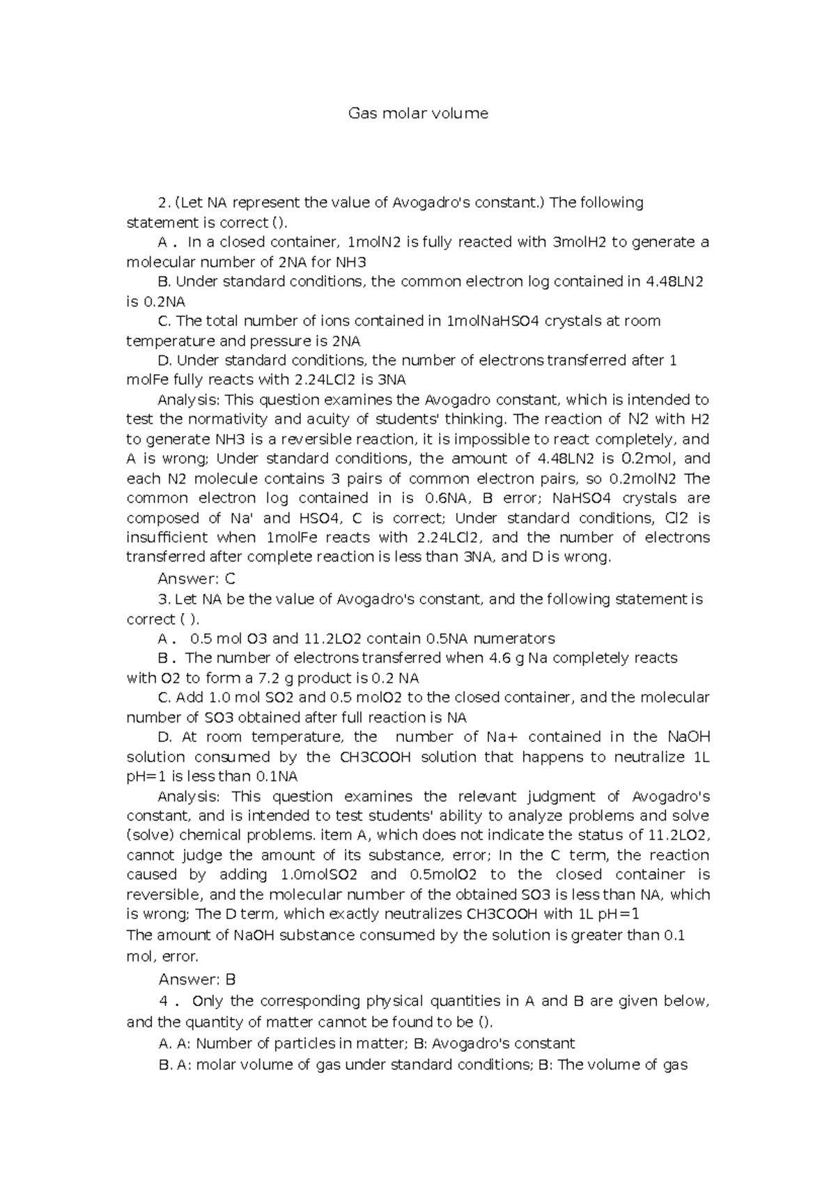 Gas molar volume - Gas molar volume ####### 2. (Let NA represent the ...