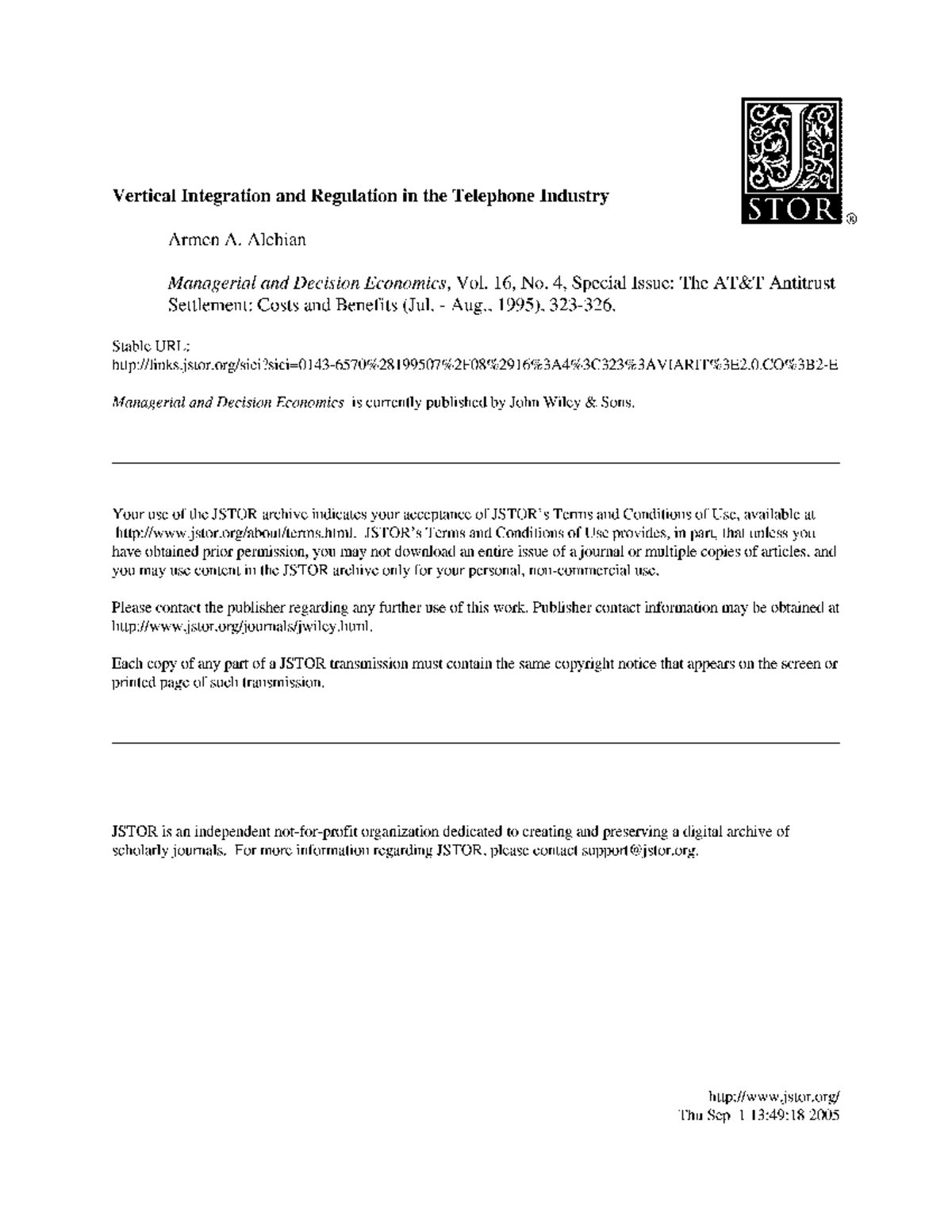 Alchian-1995-vertical integration and regulation - Vertical Integration ...