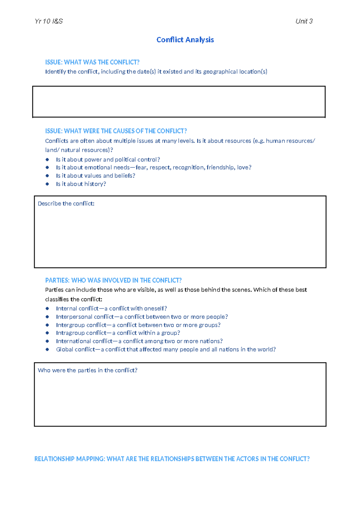 Conflict Analysis Worksheet - Yr 10 I&S Unit 3 Conflict Analysis ISSUE ...