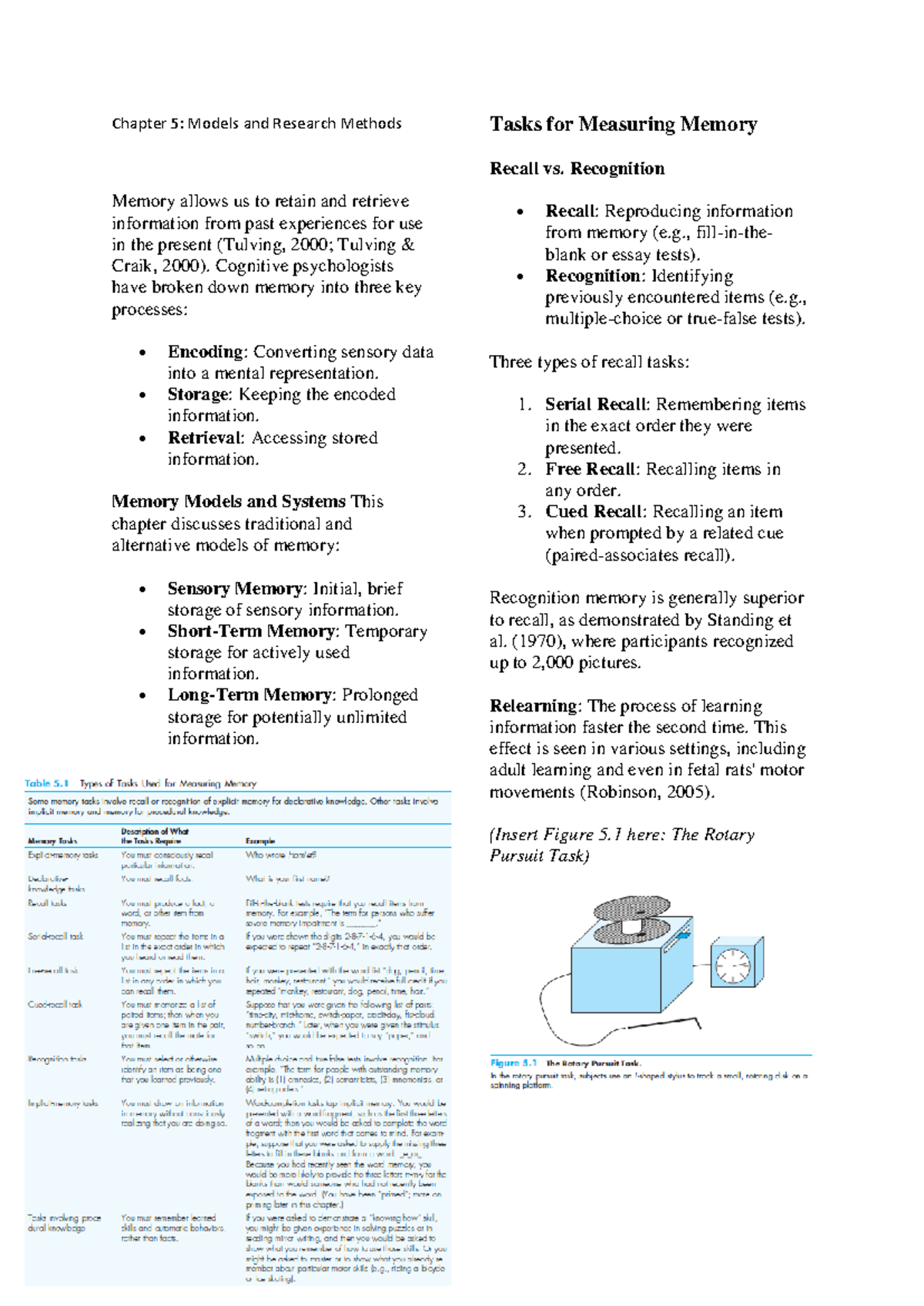 Cogni (Chapter 5 Memory) - Chapter 5: Models and Research Methods Memory allows us to retain and ...