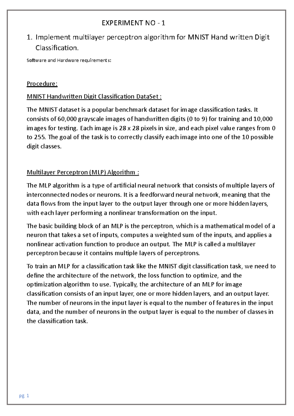 DEEP Learning - EXPERIMENT NO - 1 1. Implement multilayer perceptron ...