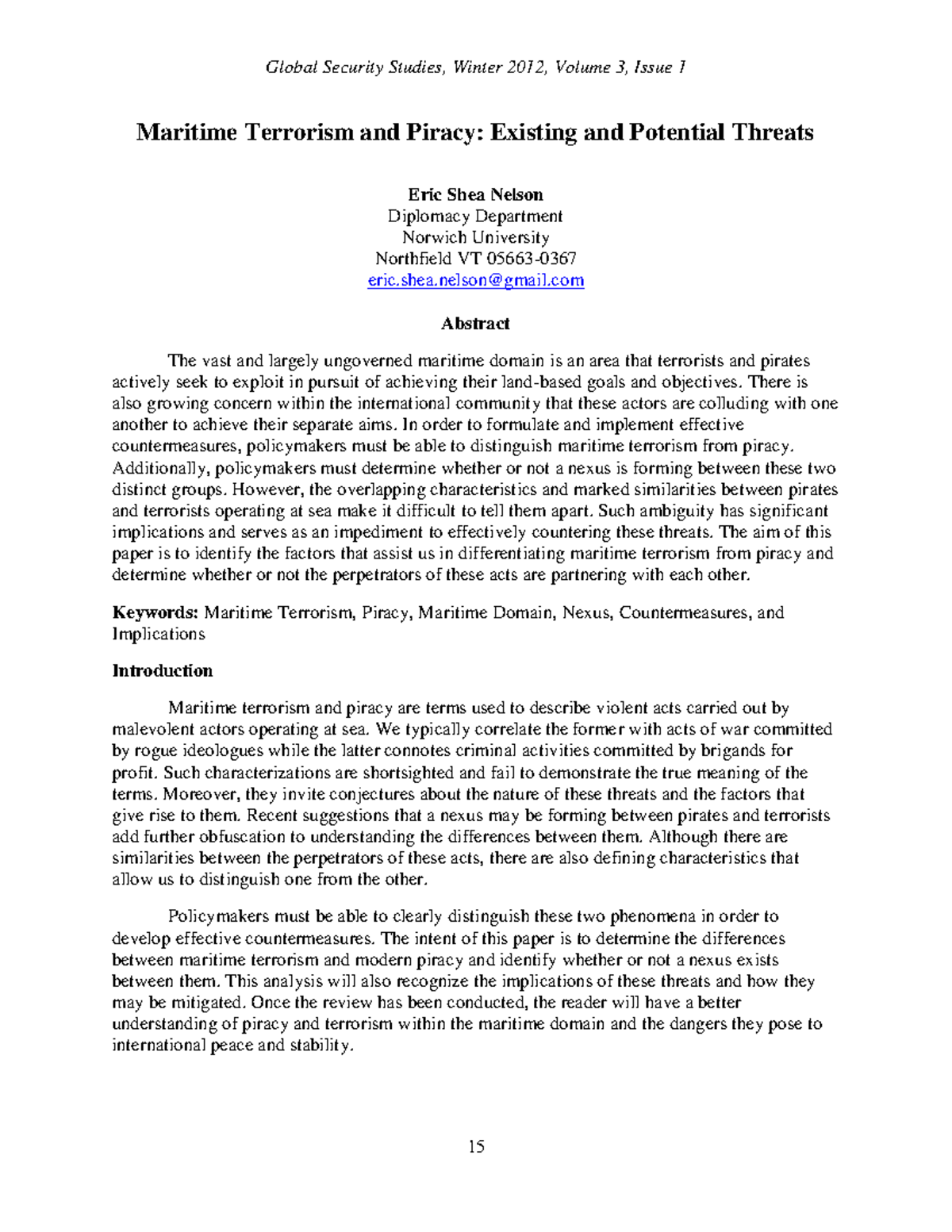 Maritime Terrorism - shea@gmail Abstract The vast and largely ...