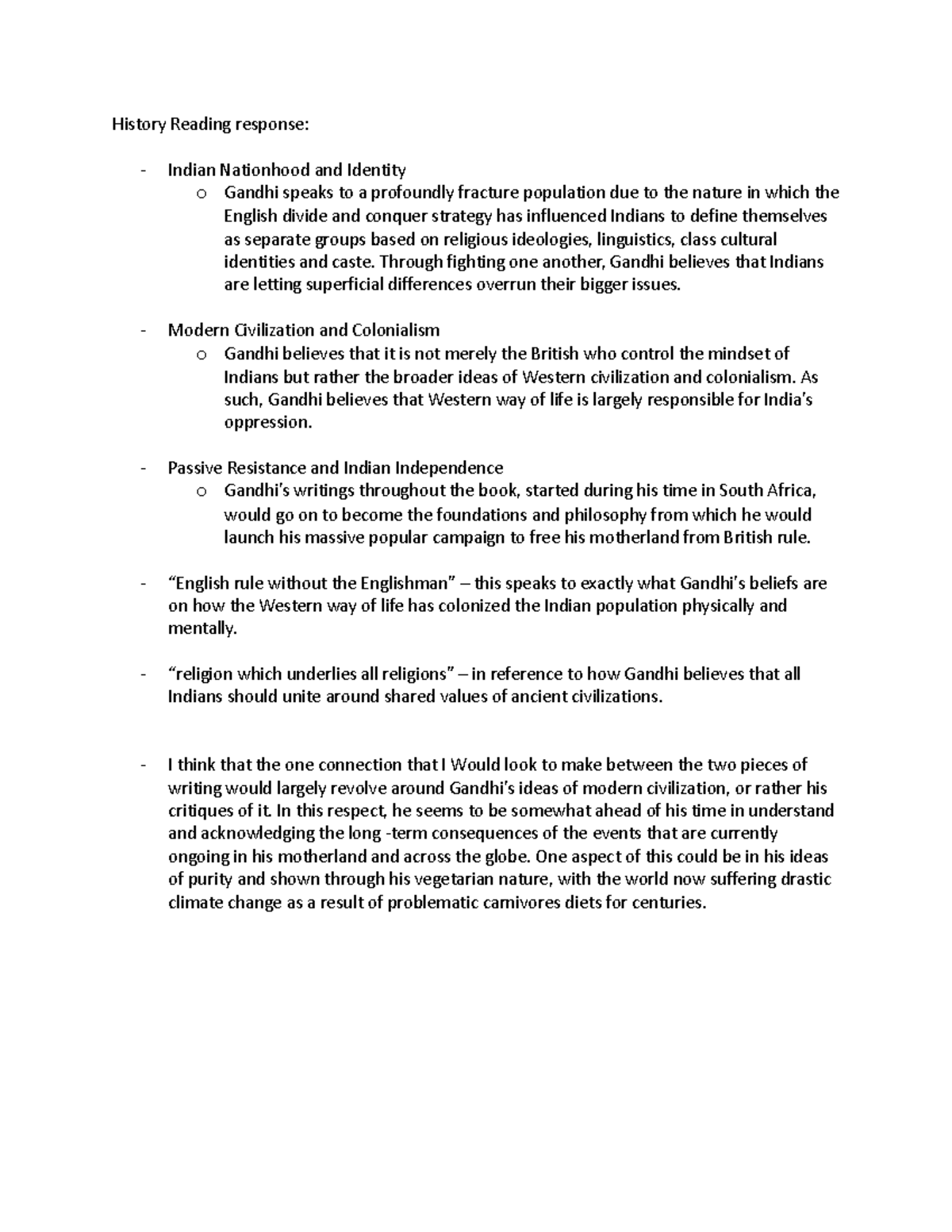 History Reading response - Through fighting one another, Gandhi ...