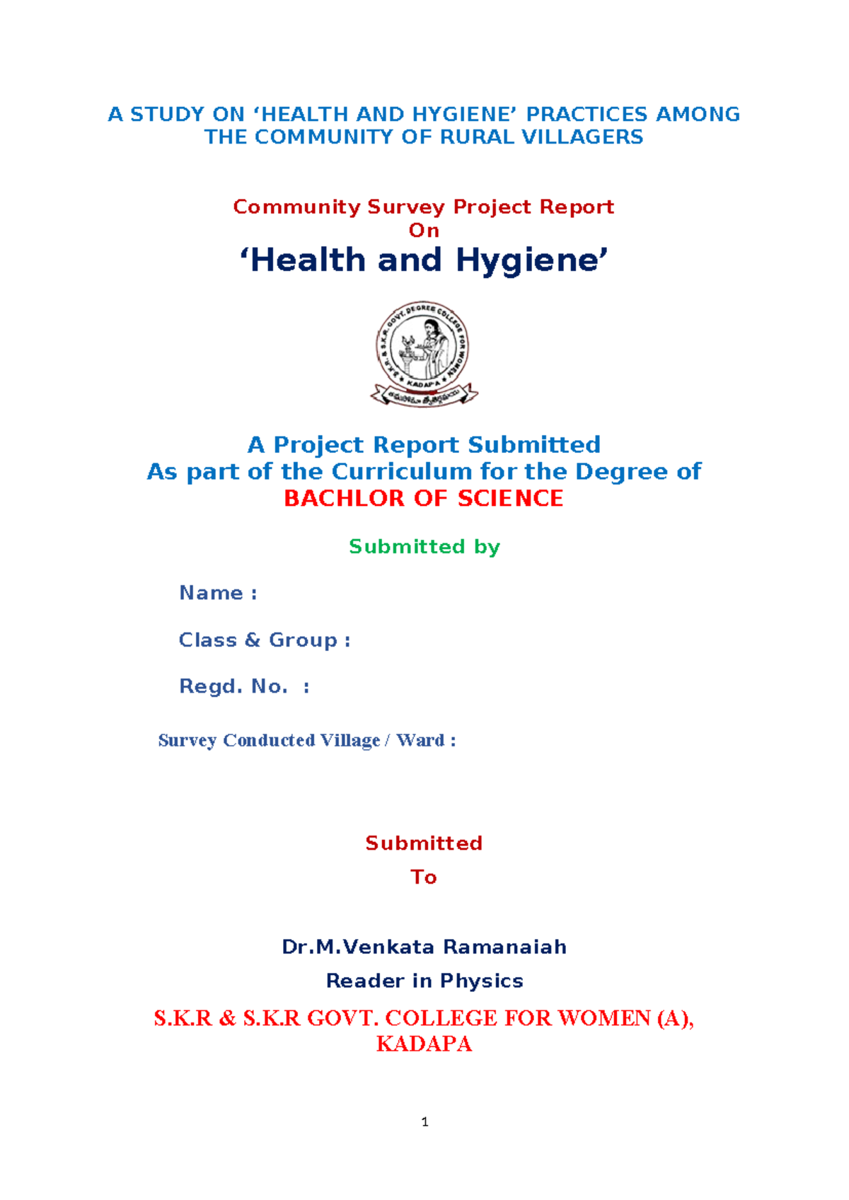 CSP Project Report - A STUDY ON ‘HEALTH AND HYGIENE’ PRACTICES AMONG ...