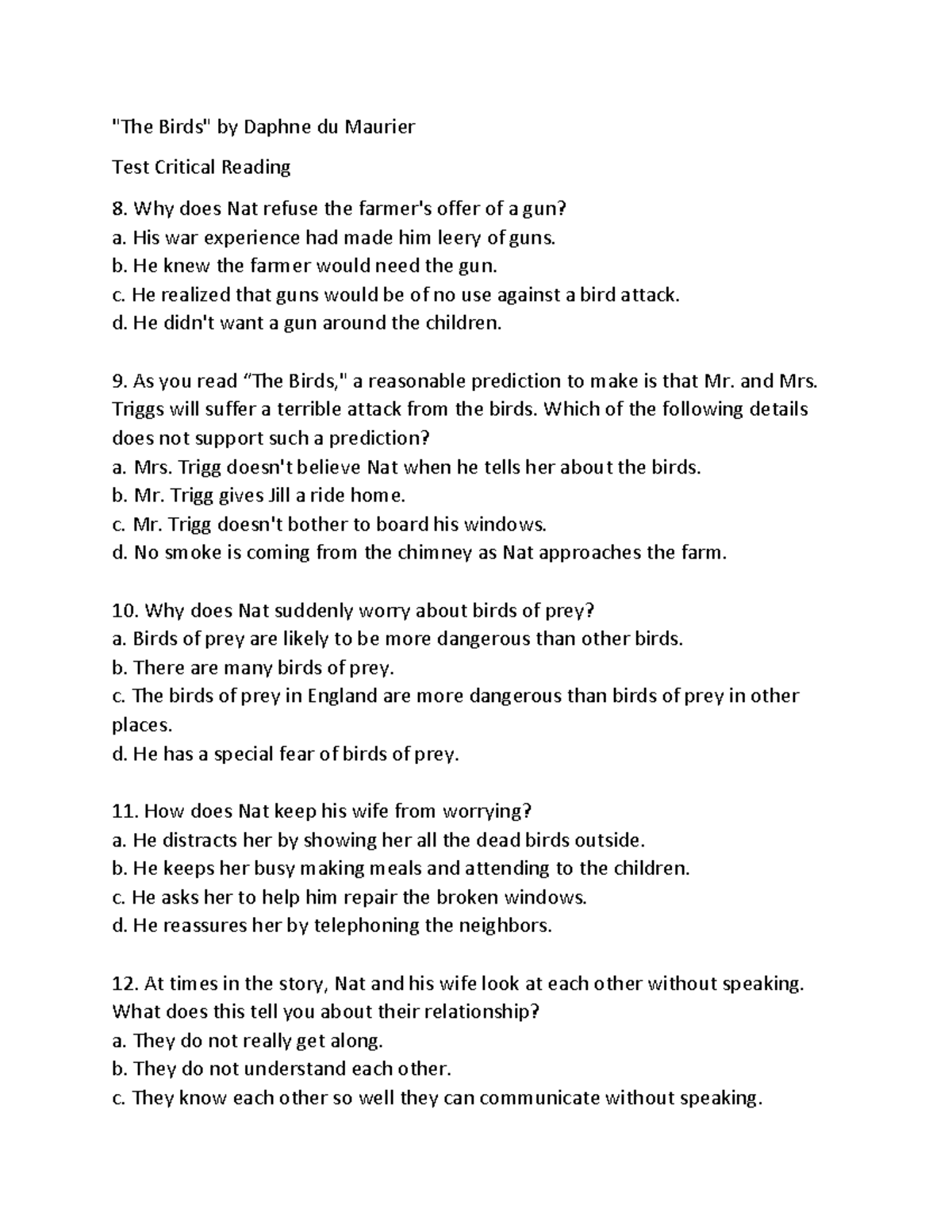 The birds crt 8-14 - quiz - "The Birds" by Daphne du Maurier Test ...