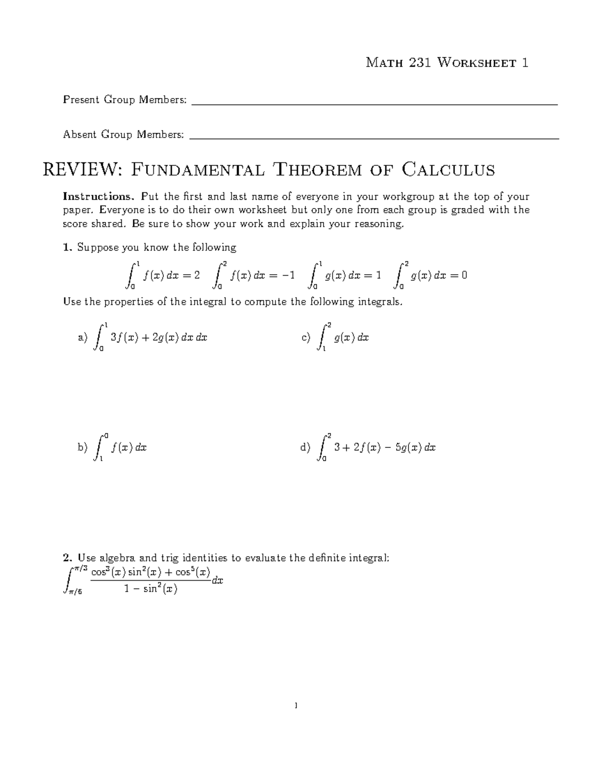 WS1 MATH231 review - In class worksheet that constitutes as extra ...