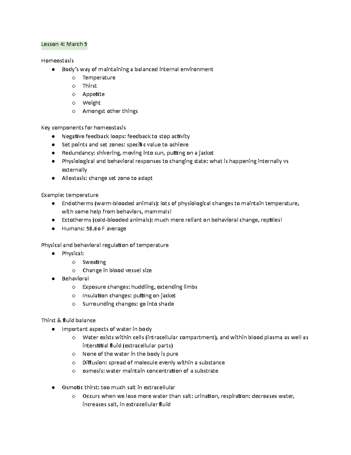 Unit 5 psych 220 - notes and diagrams - Lesson 4: March 9 Homeostasis ...